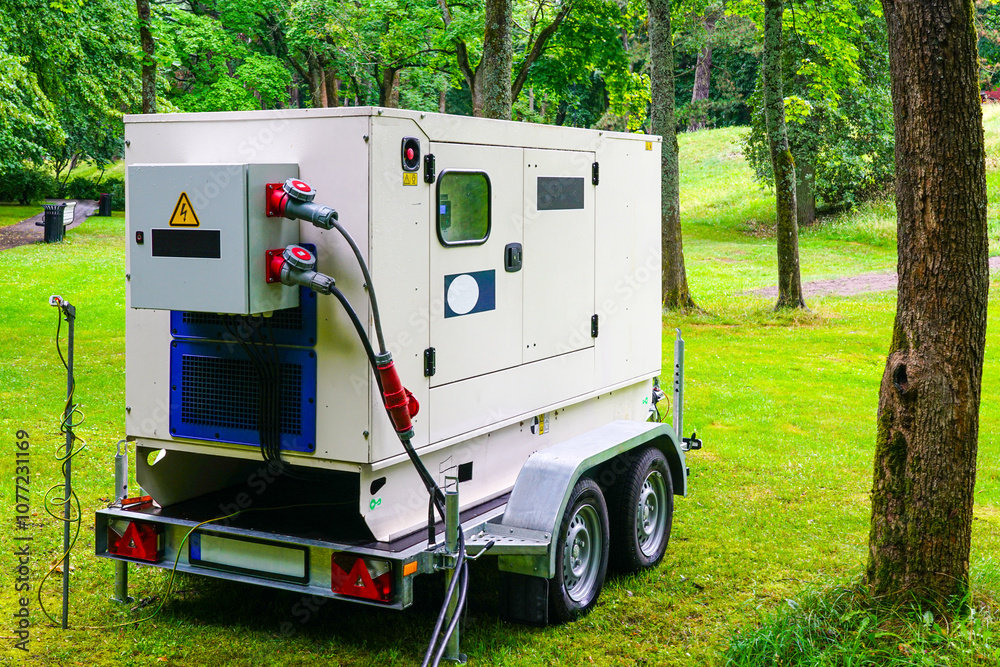 Connected large rental diesel generator on a mobile trailer for outdoor ...