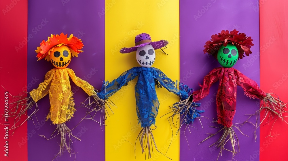 DIA DE LOS MUERTOS background with Three scarecrows are holding hands ...
