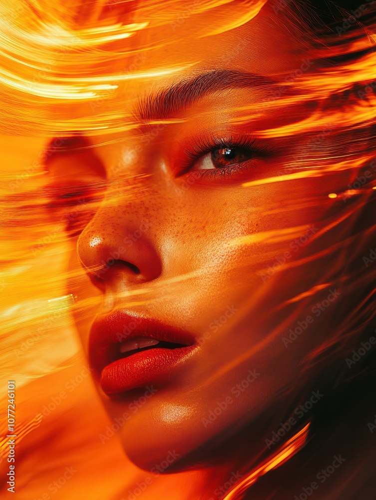 red orange light motion blur overlay on female face. Conceptual image ...