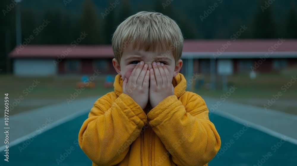 Young Boy Hiding: A young boy with blonde hair, wearing a yellow jacket ... Young Boy Hiding: A young boy with blonde hair, wearing a yellow jacket ...