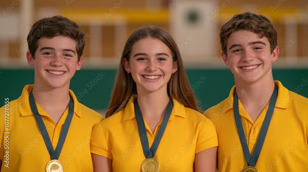 Golden Medals, Winning Team: Three smiling teenagers, a boy, a girl ...