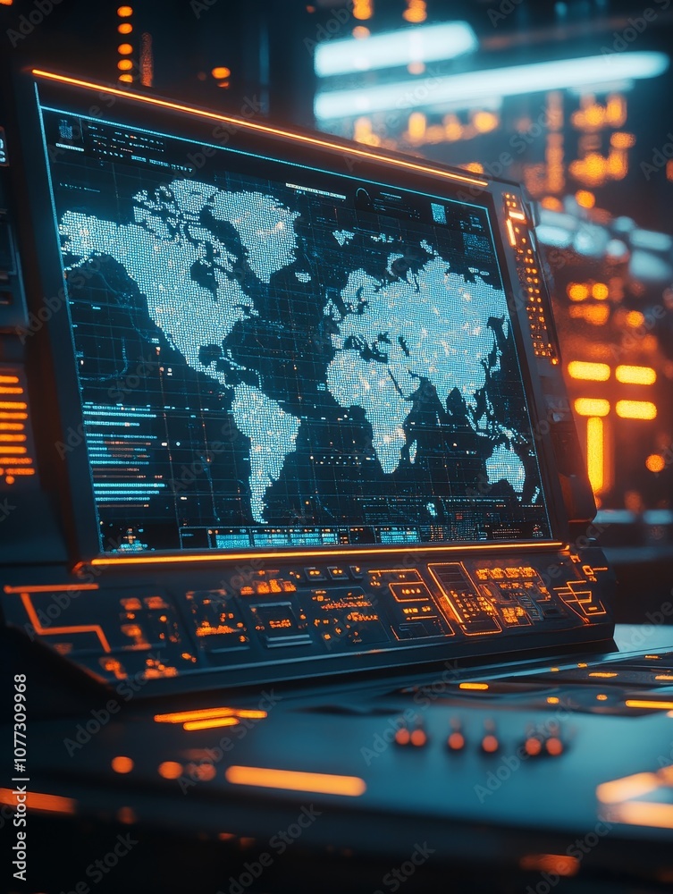 A futuristic control panel with a monitor displaying a world map ...