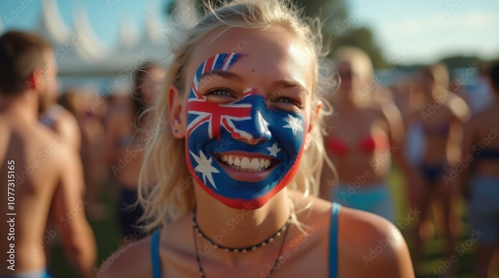 Woman with the Australian flag painted on their face, smiling and ...