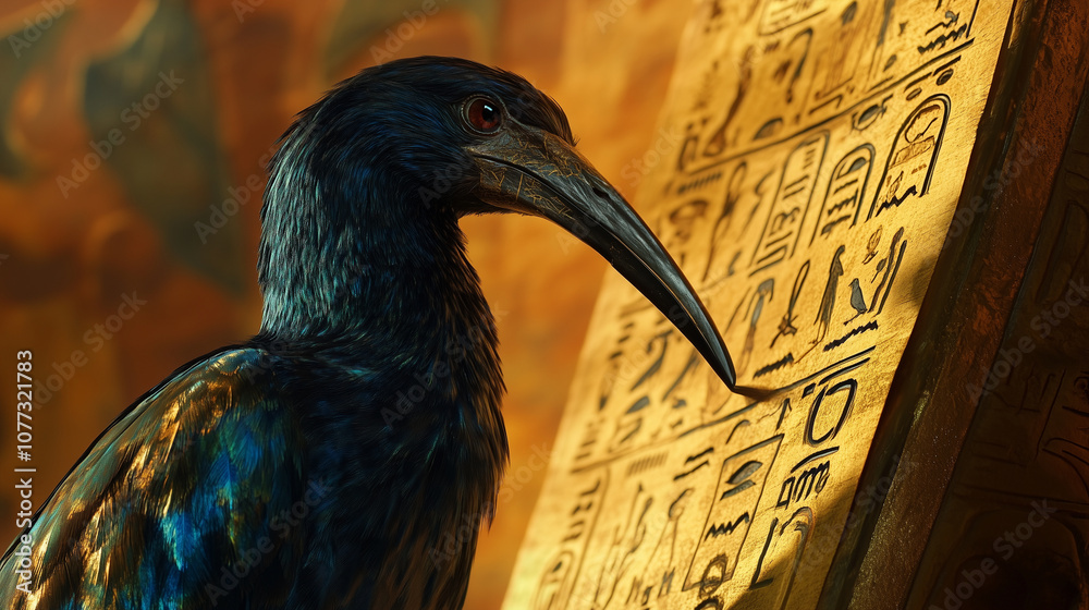 A close-up of Thoth, with his ibis head turned slightly, as he ...