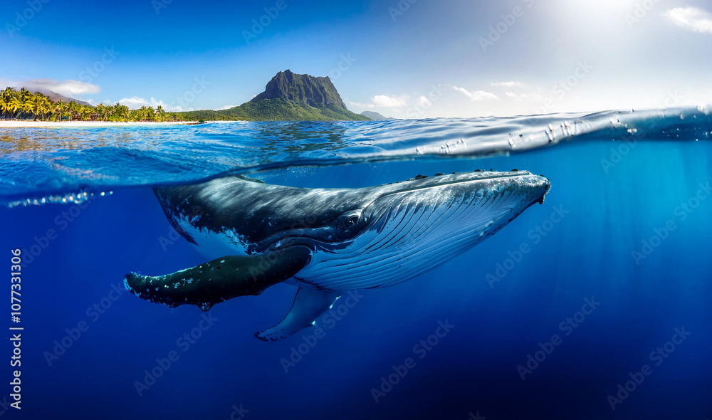Indian Ocean, Mauritius Whale and humpback whale and vibrant coral ...