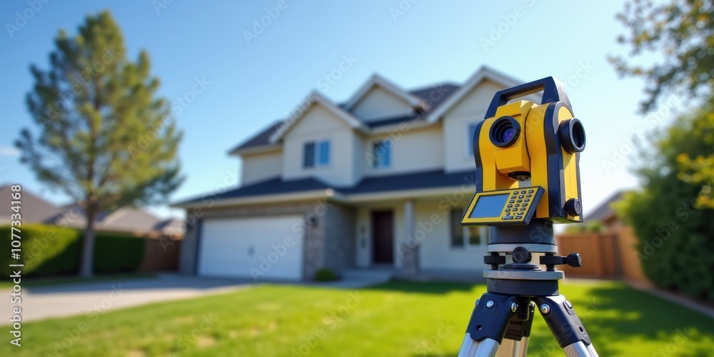 A modern total station surveying equipment set up in front of a ...