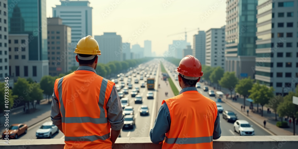 Two surveyors in safety vests observe urban traffic, highlighting their ...