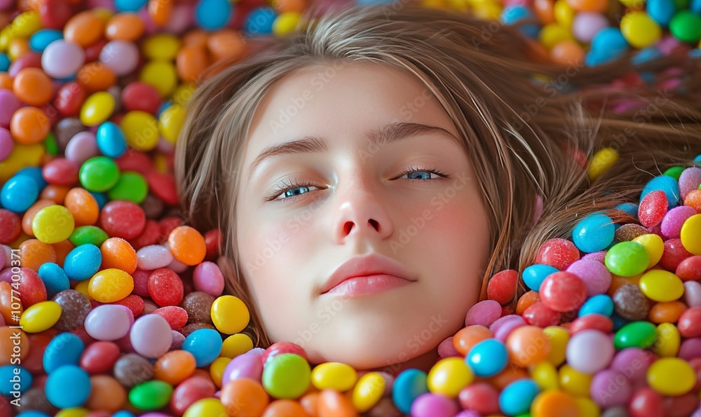 Pretty young woman laying in colorful sugar candies. Female face ...
