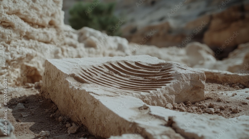 Fossilized seashell etched in stone amidst desert ruins, tells an ...