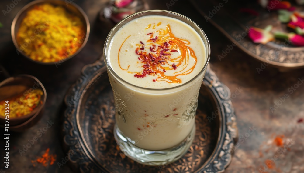 Glass Of Kesar Saffron Lassi With Honey On Table: A Top View Of Punjabi ...