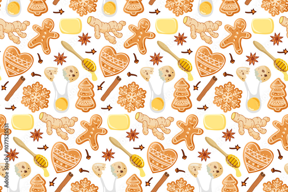 Seamless Cookies Pattern. Gingerbread cookie and ingredients for cooking. Traditional Christmas ...