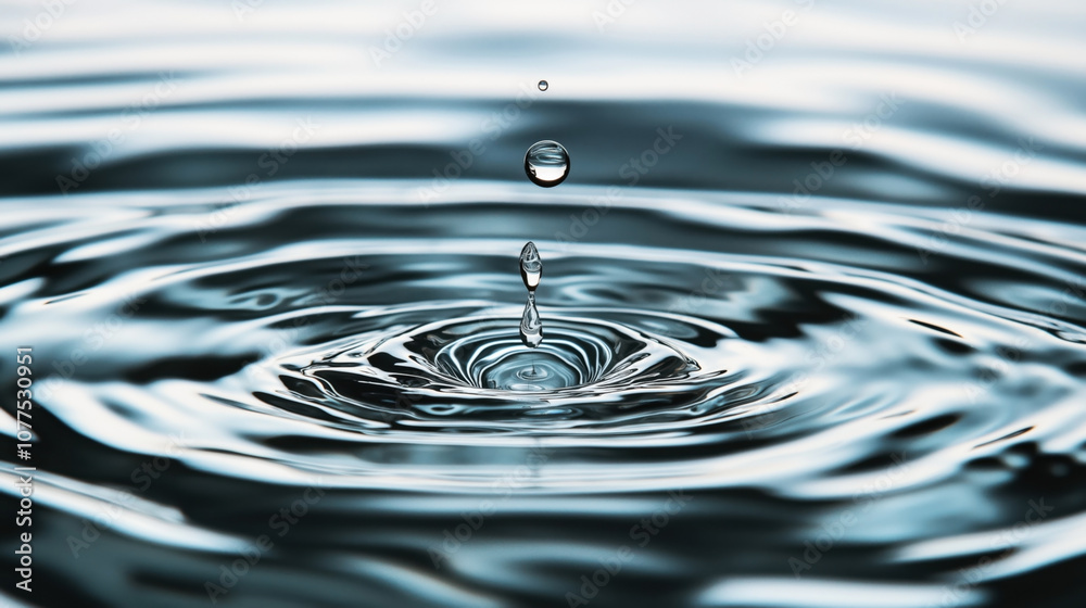 Close-up photograph of a single water droplet falling into a pool of water, creating concentric ...
