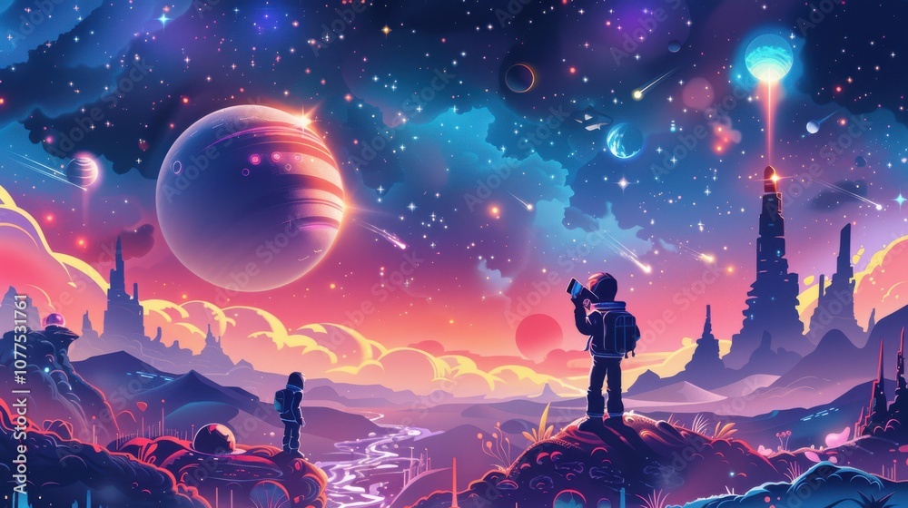 Vector graphic of children on a cosmic road trip across the galaxy ...