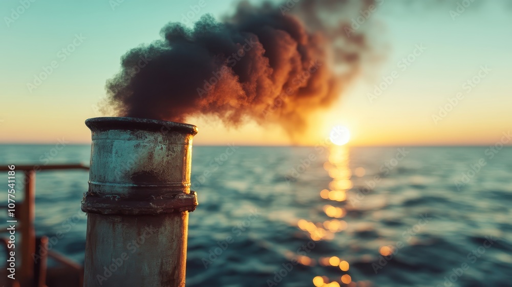 Black smoke billows from a pipe set against a dramatic ocean sunset ...