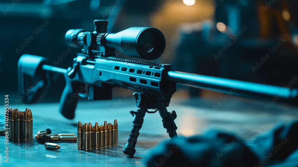 Modern powerful sniper rifle with a telescopic sight mounted on a bipod ...