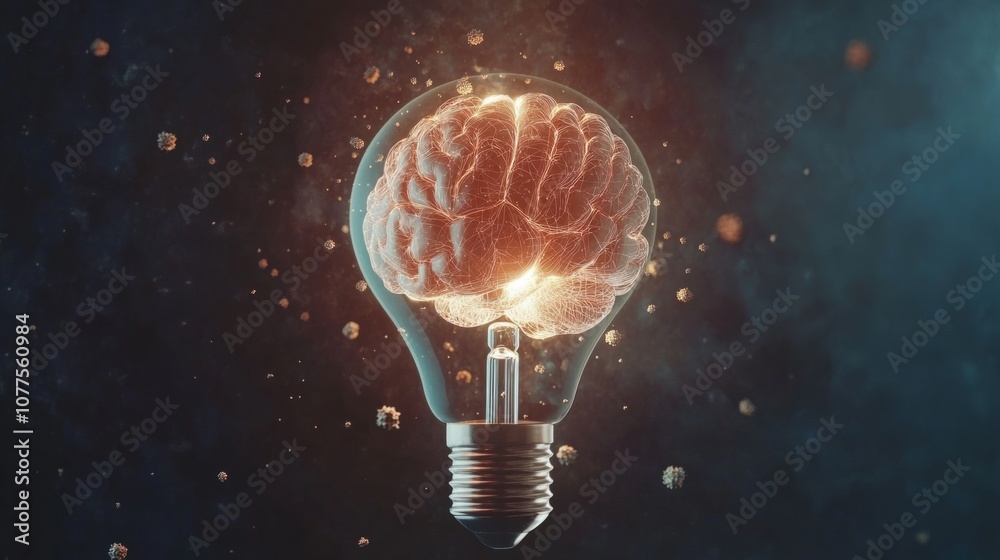 brain forming inside a light bulb, with particles floating around ...