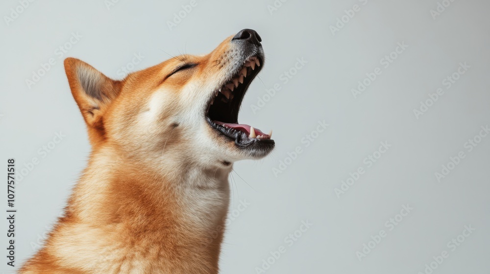A close-up of a Shiba Inu dog with its mouth open, showing its teeth ...