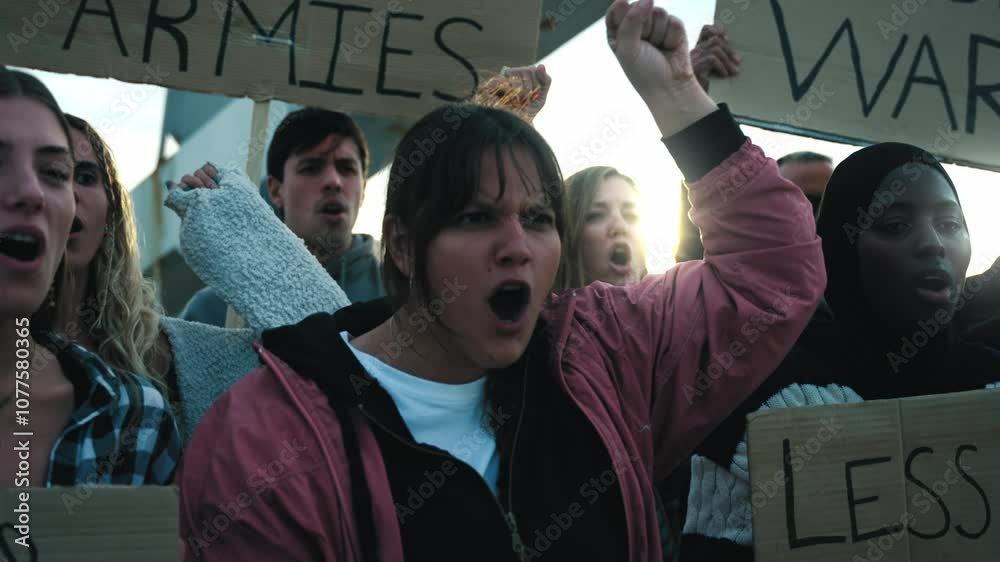Generation z woman with fist raised with group diverse people ...