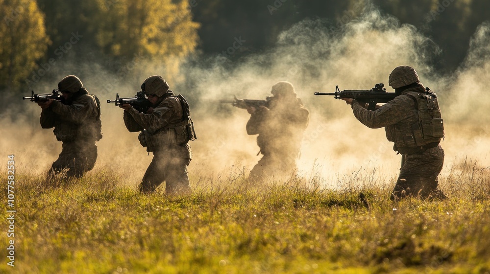 Four soldiers in camouflage gear firing rifles in a field with smoke ...