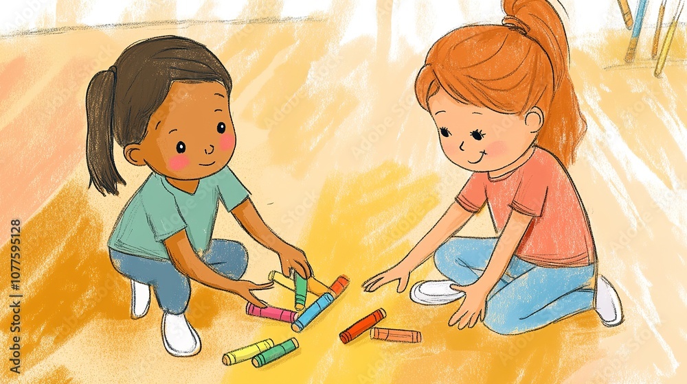 A child helping a classmate pick up crayons from the floor, creating a ...