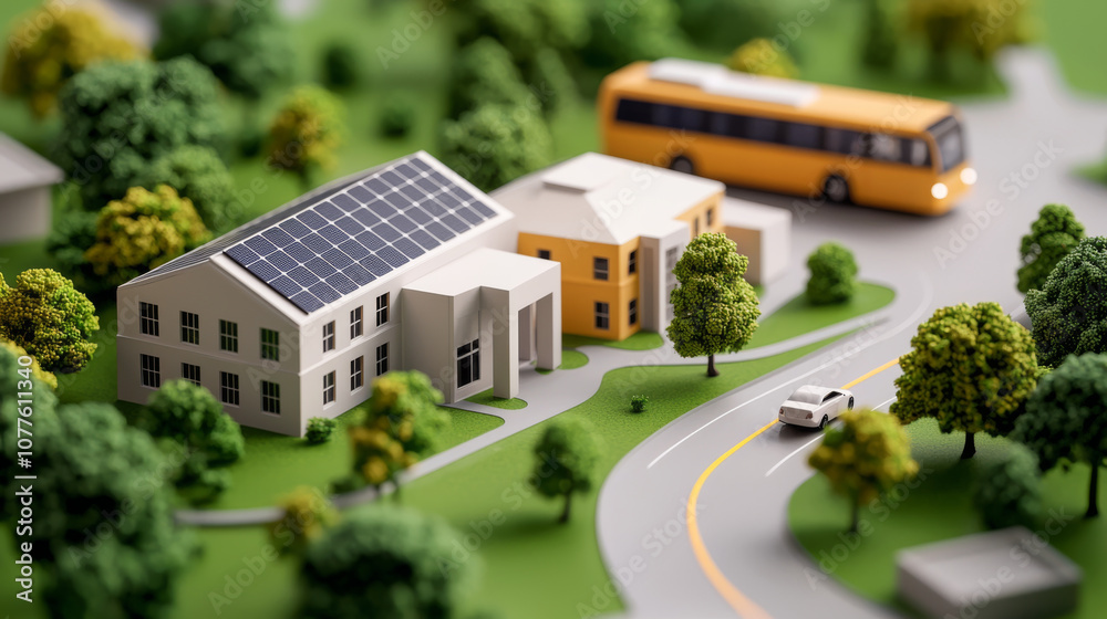Sustainable school campus with solar panels, electric bus, and greenery ...