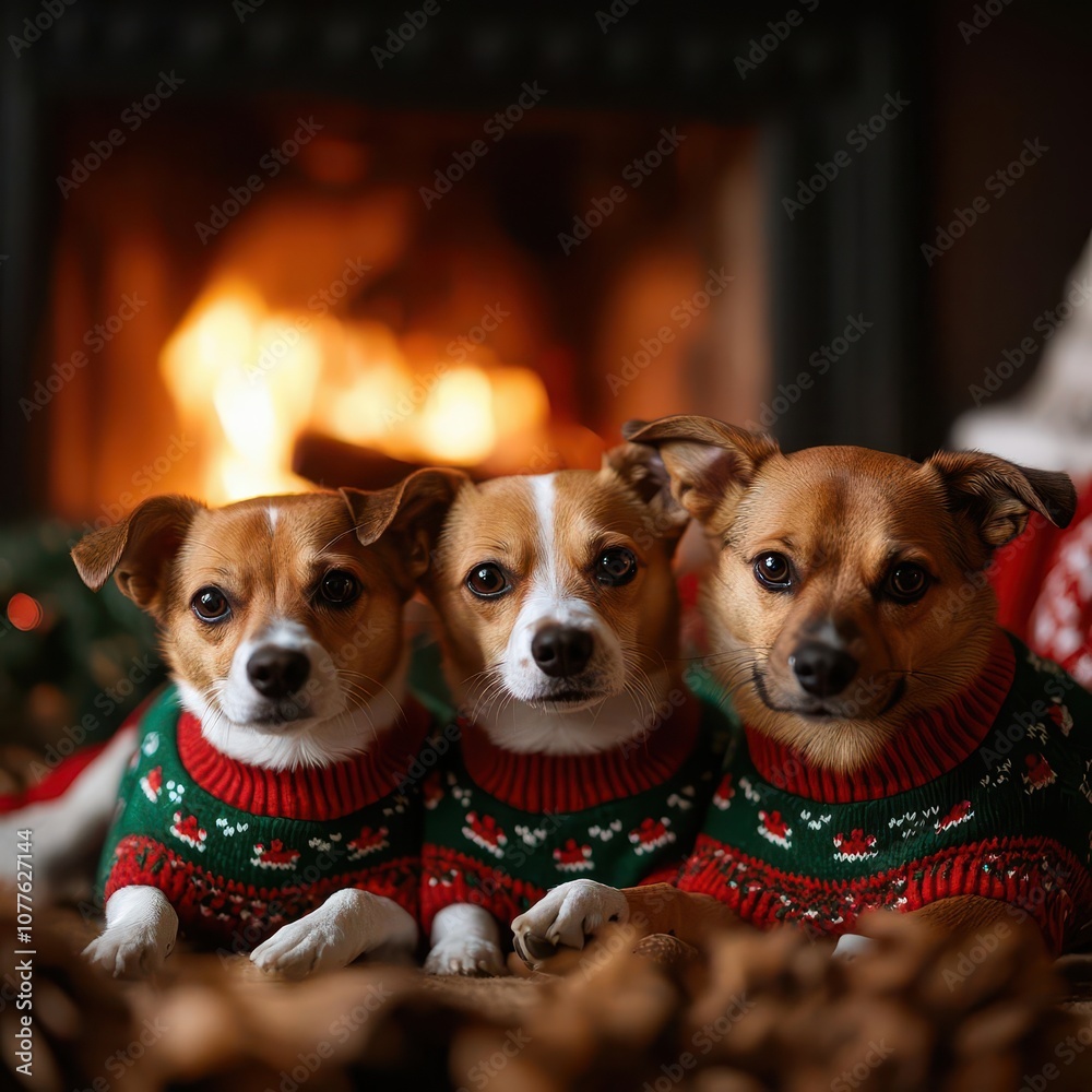 Three festive dogs in cozy sweaters sit together by a warm fireplace ...