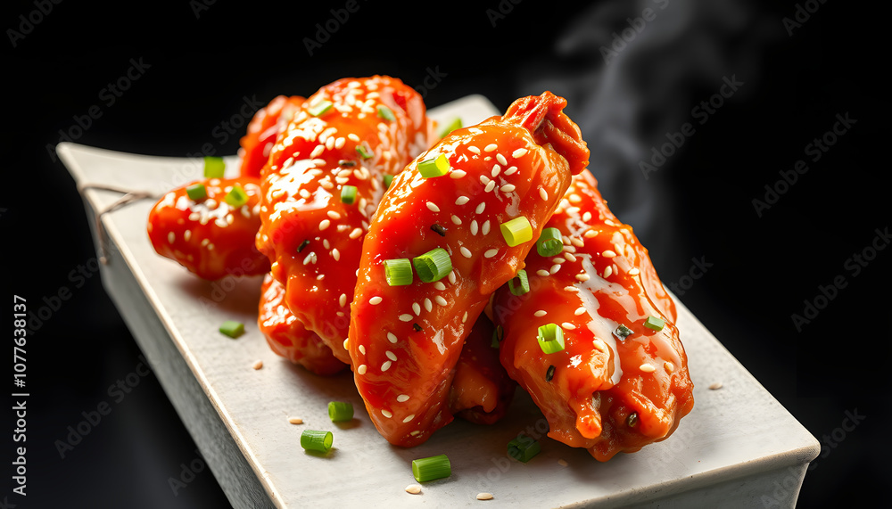 Spicy korean chicken wings with sesame seeds and chives isolated with ...