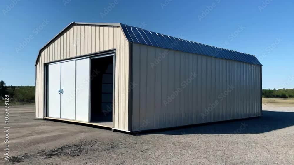 large metal storage shed with an open garage door, against a clear blue ...