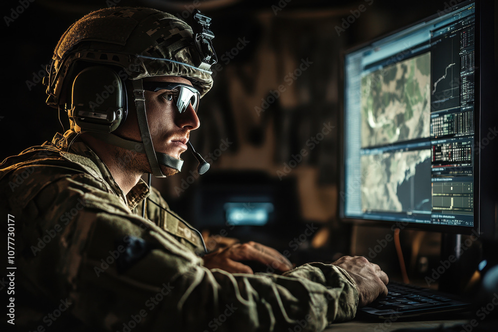 Male soldier in military gear focuses intensely on a mission, analyzing ...