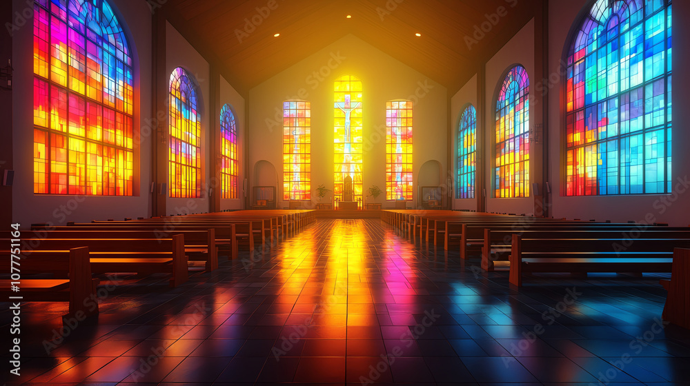 Interior of church featuring stunning stained glass windows illuminating the space with colorful ...