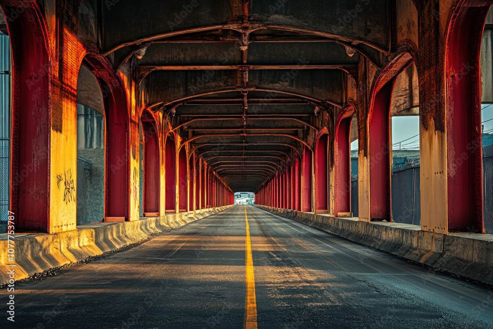 Urban bridge tunnel with striking red pillars and dramatic lighting at ...