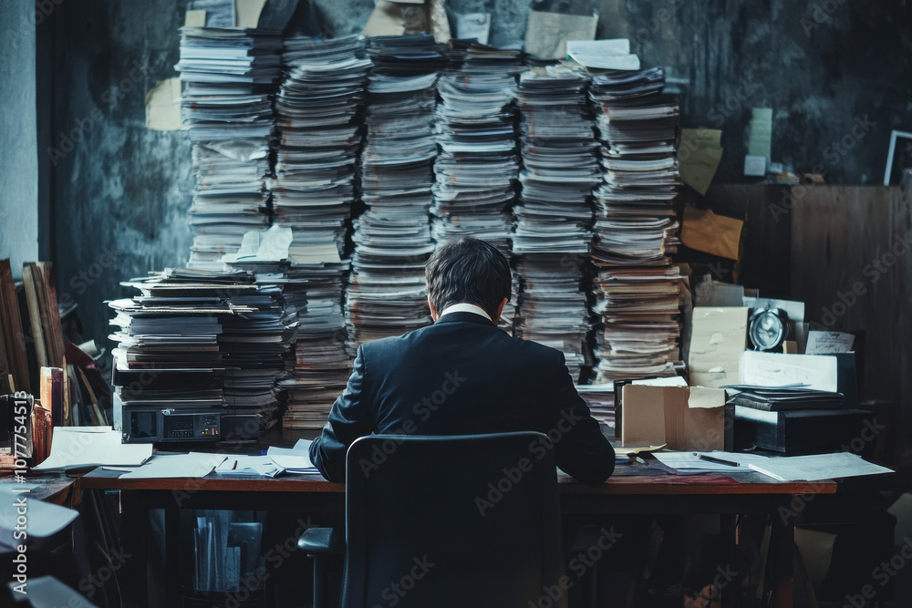 Male office worker surrounded by towering stacks of paperwork in a ...