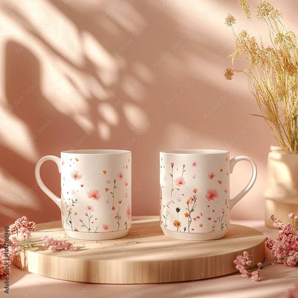 two 11onz white mug mockup with a cute realistic background, for a ...