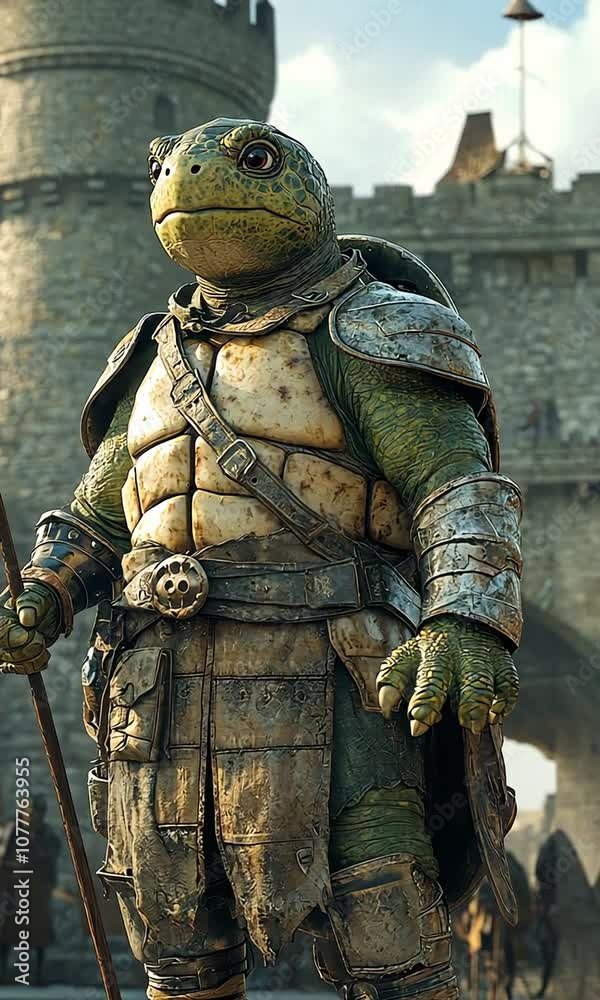 A turtle warrior in full armor, holding a spear, stands in front of a ...