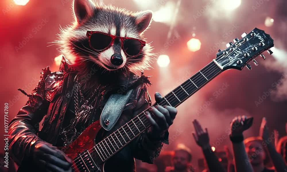 A raccoon wearing sunglasses and a leather jacket plays a guitar in ...