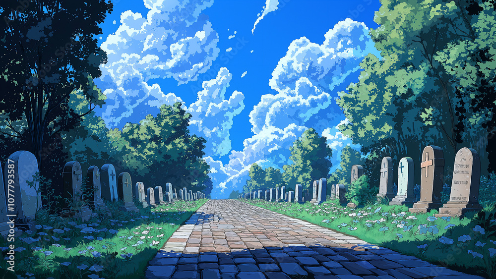Brick road in cemetery. Illustrations that look like a scene from an ...