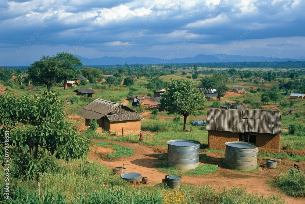 Rural African Village with Mud Brick Houses and Water Tanks Stock ...