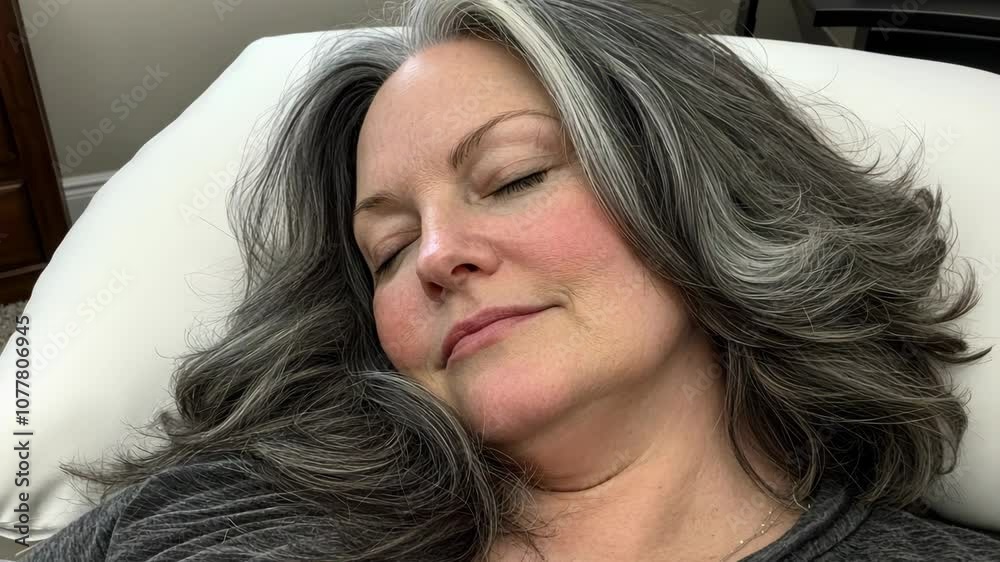 A woman with gray hair rests peacefully on a pillow, her eyes closed ...