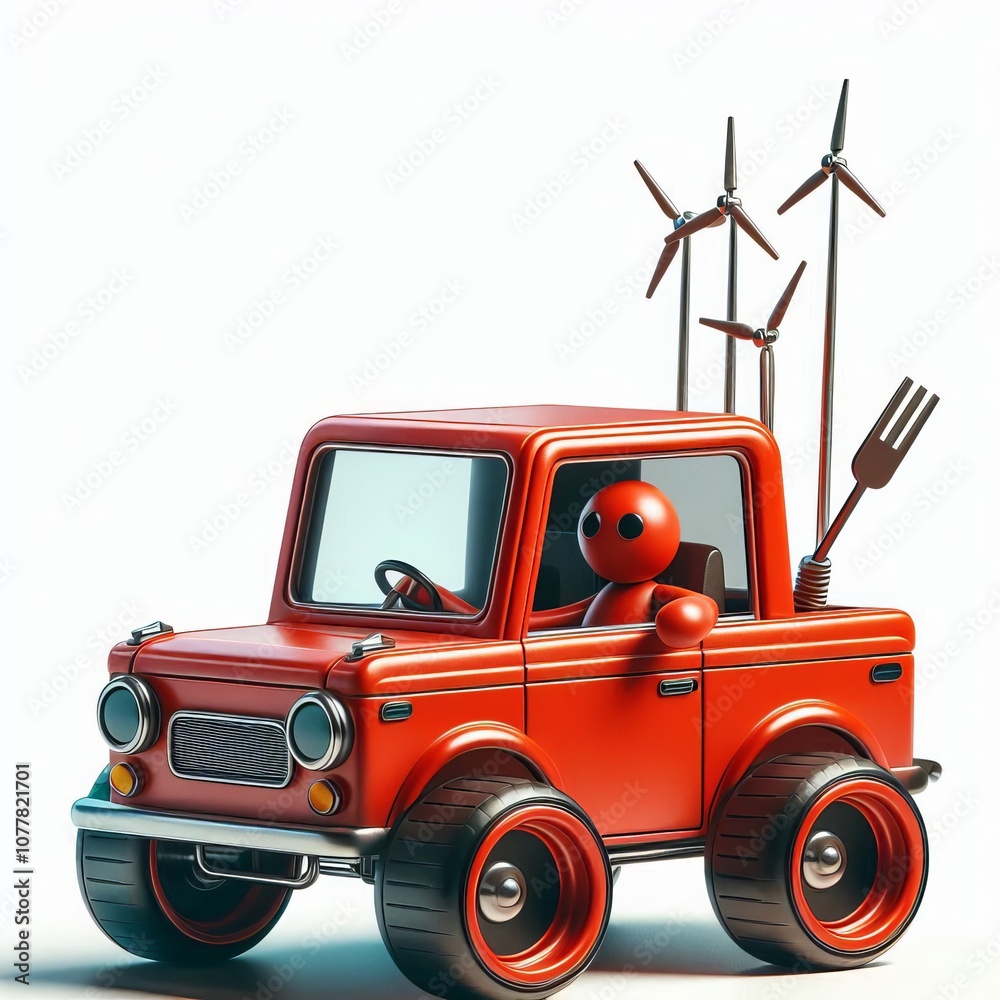 Bright Red Car Boxy shape oversized wheels and a driver with sti Stock ...