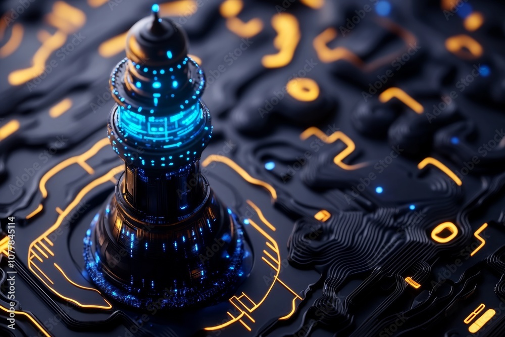 A cyberpunk-inspired lighthouse with glowing blue beams and digital ...
