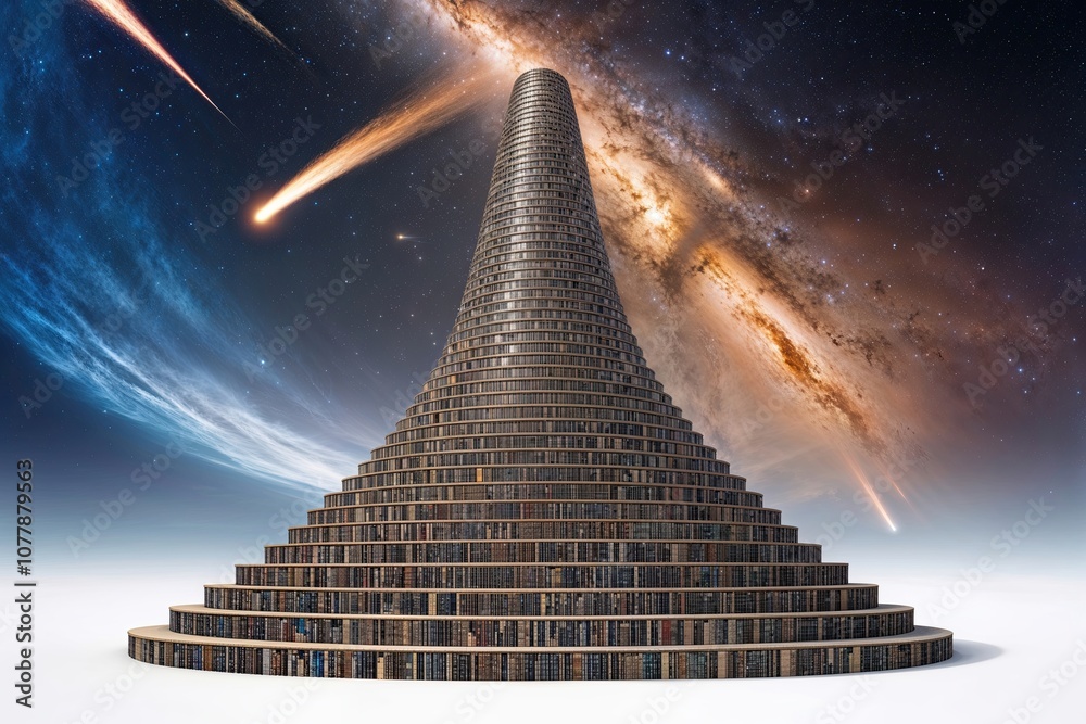 Expansive Encyclopedia Library Beneath Dynamic Sky of Comets and Spiral ...