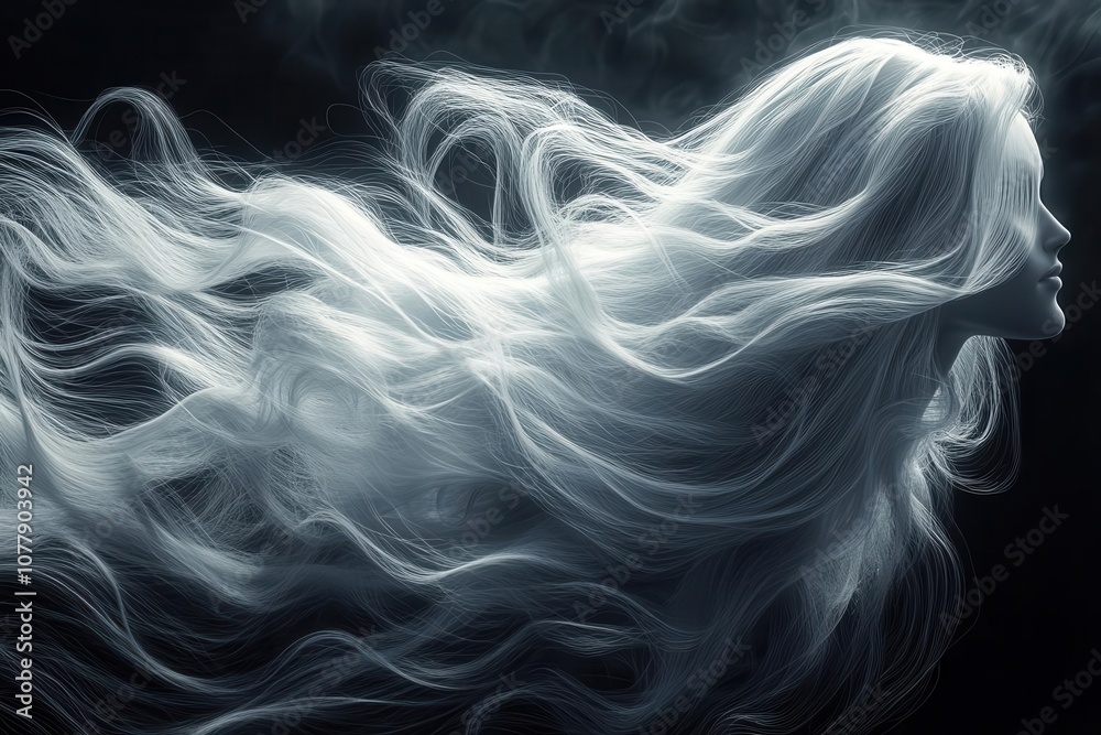 long windblown hair cascading gently in an isolated space highlighted ...