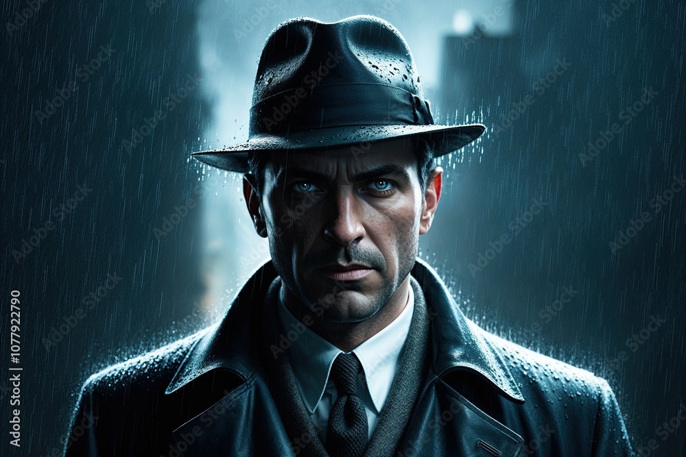1940s Noir Detective Artwork in Rainy Shadows with Cinematic Vintage ...