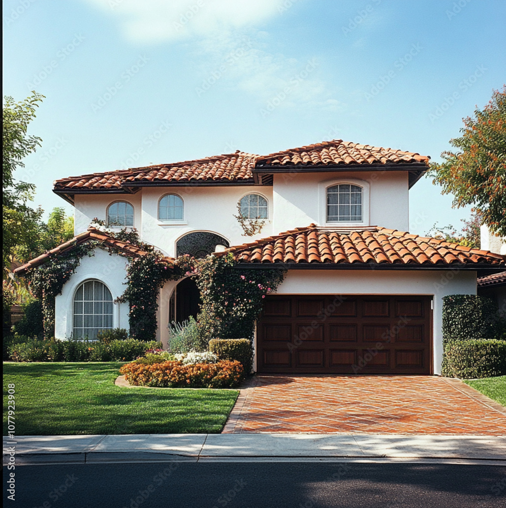 single story suburban home, clay tile roof, garage in the front ...