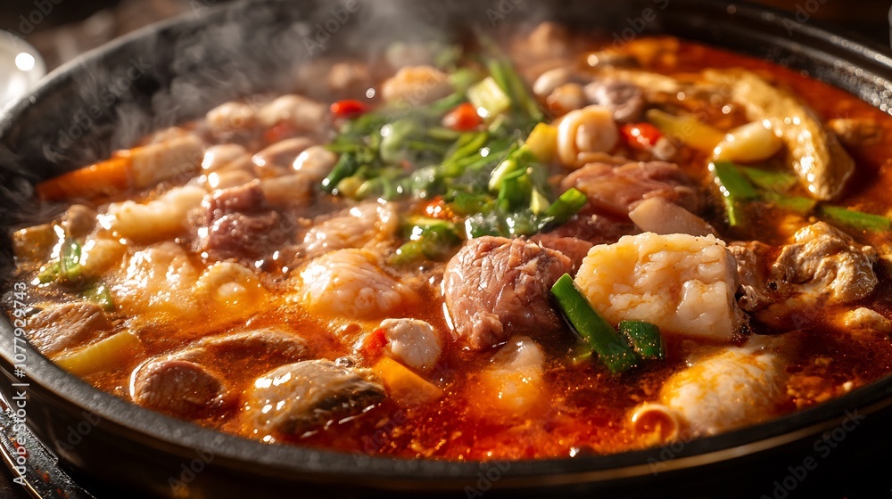 Vibrant closeup of a bubbling Chinese hot pot filled with assorted meats fresh seafood and ...
