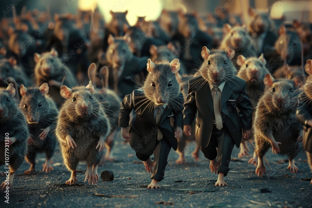 crowd full of rats in business suit, humanoid rats close to each other ...