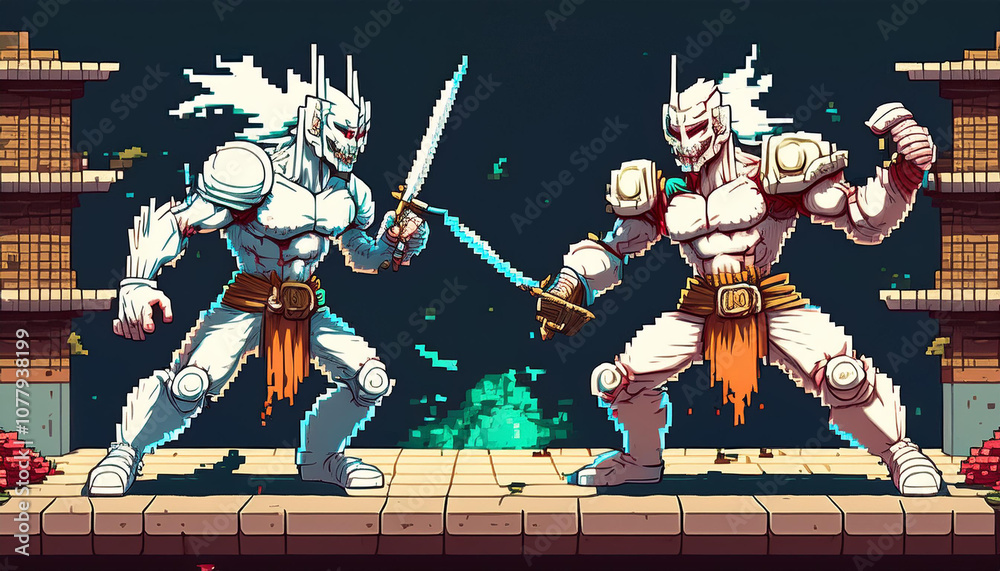 A pixel art scene of two characters taking turns in a retro-style turn ...