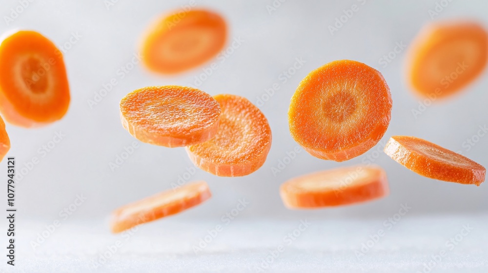 35.Thin carrot slices captured in mid-flight, suspended in the air on a ...