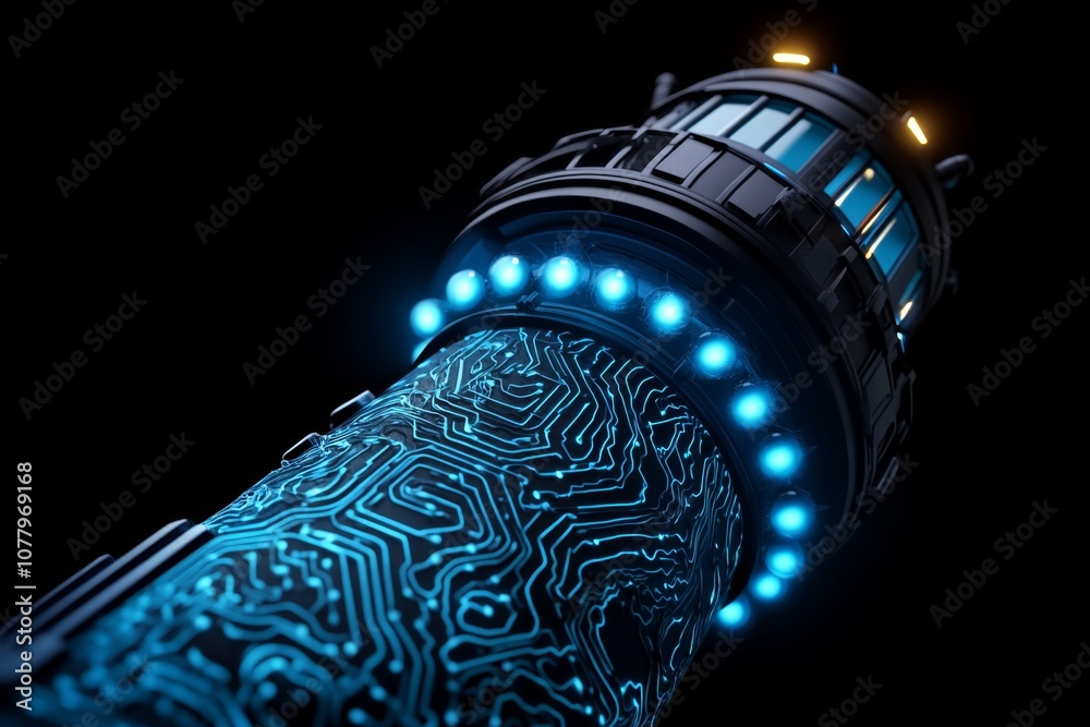 A cyberpunk-inspired lighthouse with glowing blue beams and digital ...