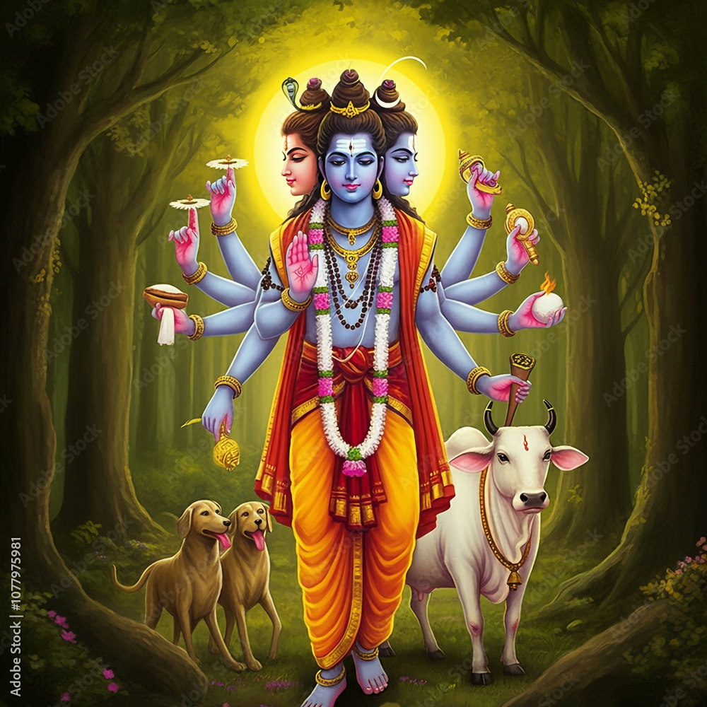 Lord Dattatreya with cows and dogs, symbolizing the essence of Brahma ...